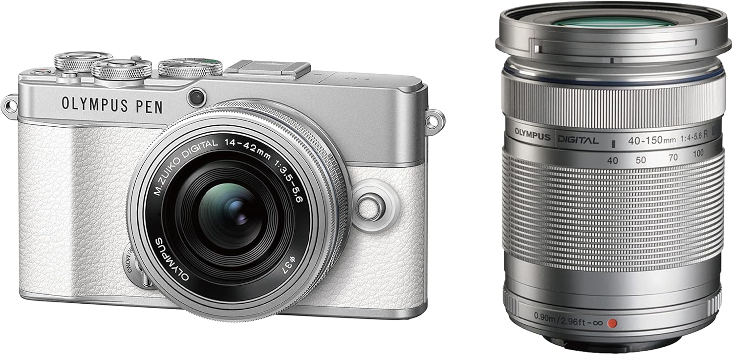 OM SYSTEM PEN E-P7 EZダブルズームキット ホワイト 新品・未使用商品！ ●2本のレンズを合わせても677gという軽さ。この2本のレンズで35mm判換算28mmから300mm相当という幅広い画角をカバー、さまざまな撮影シー...