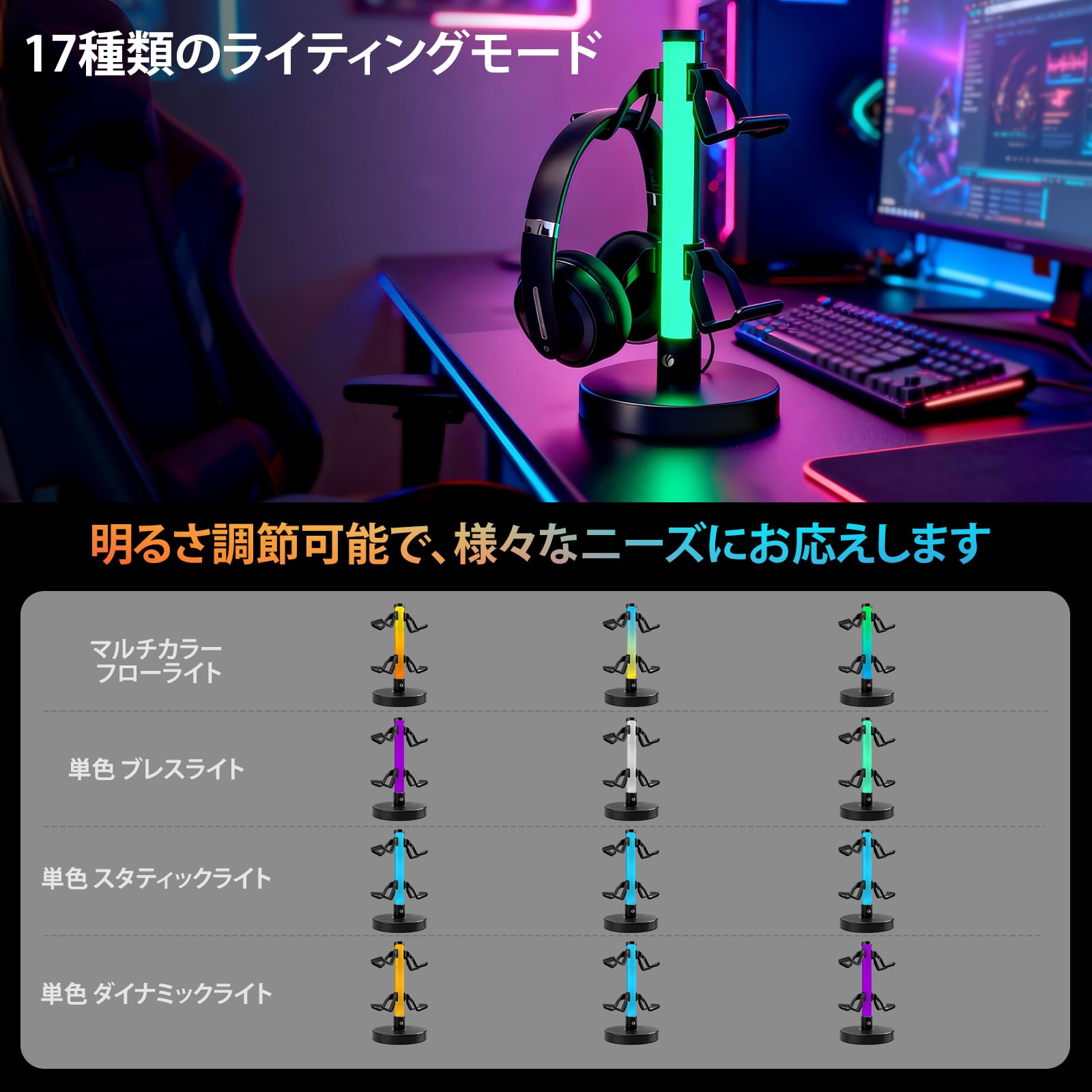 【ヘッドホン＋コントローラー一体収納】ヘッドホン1台と、最大4台のゲームコントローラーを同時に収納可能。デスク周りをすっきり整理できます。。【RGBライト・17種類の発光モード】10個のRGB 5050 LEDを搭載。17種類のライティング...
