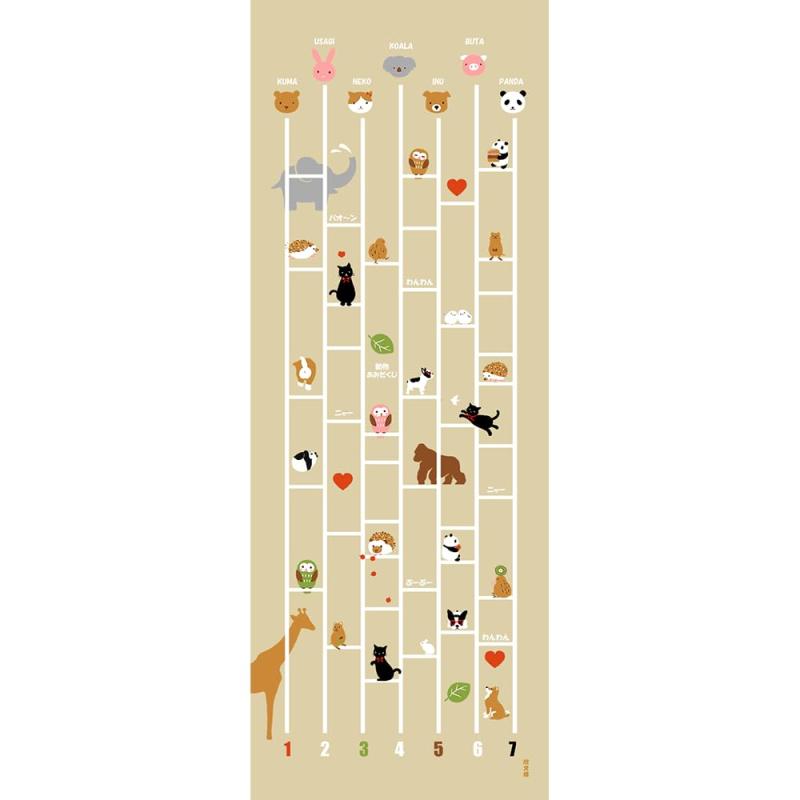 濱文様 おもしろてぬぐい 動物あみだくじ横浜伝統の型染め手法である ”捺染 (なっせん)” で染め上げた、日本製のてぬぐいです。あざやかな配色と、遊び心のある多彩な柄が特徴。ギフトやコレクションにも。昔ながらの ”切りっぱなし” 仕様。糸は...