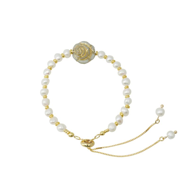 【O 型血液型女性の幸運ブレスレット】チェコローズパールブレス 天然真珠×ゴールドアクセ ｜シリコン伸縮式留め具 敏感肌対応 誕生日・自分へのご褒美に 彼女への誕生日プレゼント🌹O 型血液型向け幸運ブレスレット：O 型血液型...