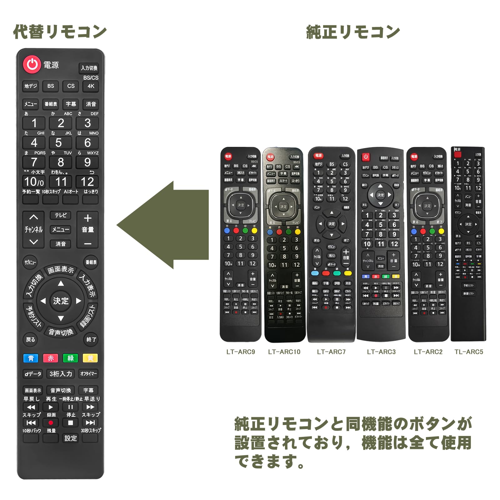■純正リモコンと同機能のボタンが設置されており，機能は全て使用できます。。■代用リモコン： LT-ARC5 LT-ARC3 LT-ARC7 LT-ARC9 LT-ARC2 LT-ARC10。■対応機種：2WB10P 40FB10P 43UB...