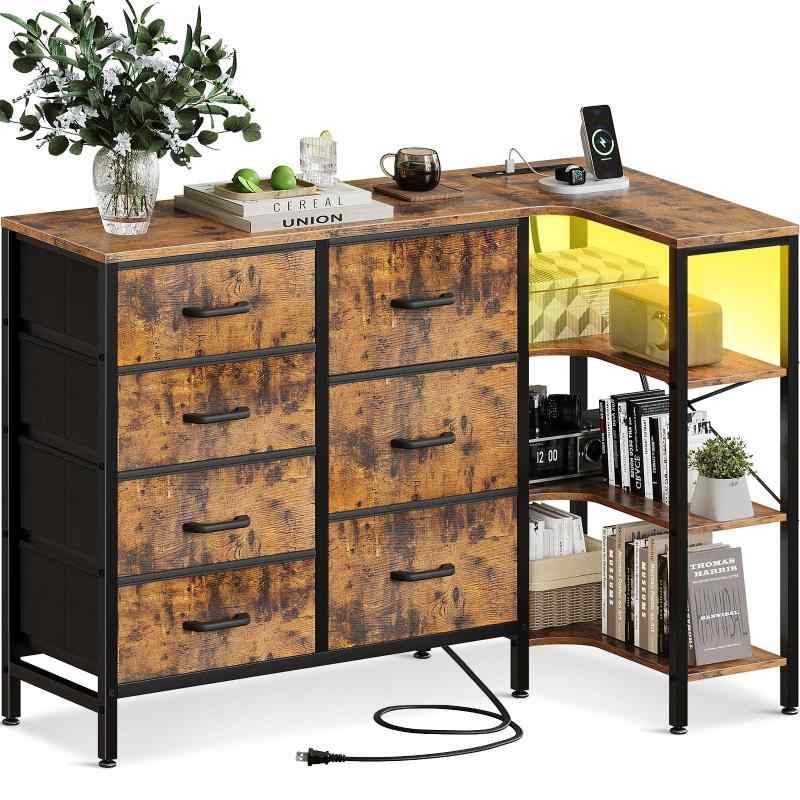 AODK タンス チェスト L字 衣裝ケース 収納ケース 衣装棚 洋服収納 led付き 引き出し9杯付き コンセント付き 脱衣所 衣類チェスト 洋服タンス 箪笥 たんす 木製天板付き 和風 リビング 安定感