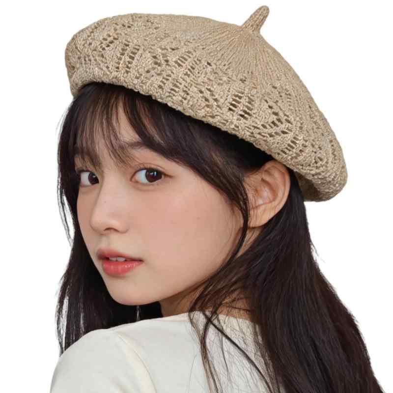 [RUNQIU] ベレー帽 ハット かぎ編みベレー 春夏 レディース ニット 帽子 通気性 女性 画家帽子 メッシュ おしゃれ 可愛い シンプル サマーベレー 日焼け防止頭囲：56～58cm - 一般的な成人の頭囲に対応するサイズ設計です。...