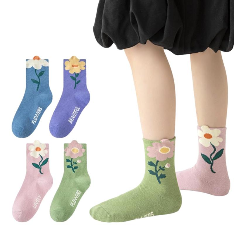 [ZGKULAEAOW] 靴下 女の子 クルー丈 ソックス キッズ ジュニア くつした 子供 ソックス オシャレ 花柄 四季タイプ 4足セットカジュアルな花柄靴下4足セット,毎日コーデも楽しめますメイン素材：綿、汗をよく吸い取る綿混素材、代...