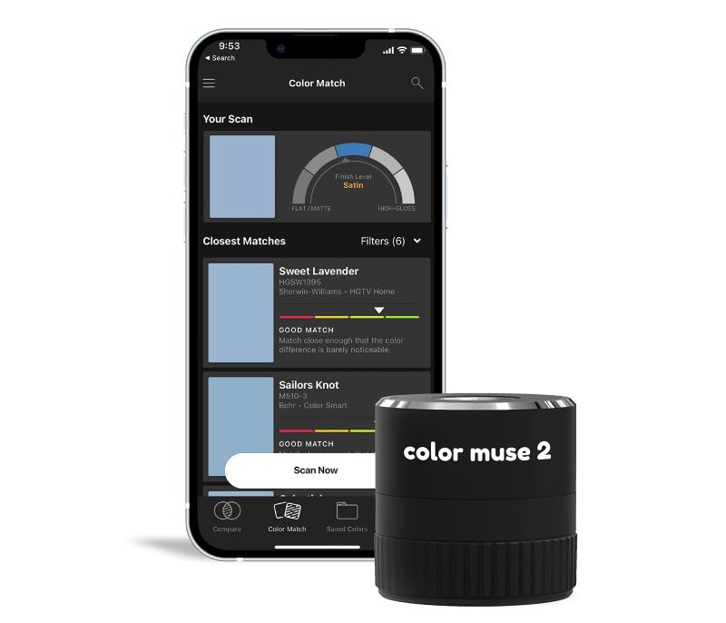 カラーミューズペイントマッチングが簡単。アプリでスキャンしてマッチさせるだけです。Bluetooth経由でワイヤレスで色をスキャン。Sherwin-Williams、Behr、Benjamin Moore、Valspar、その他多くのブラン...