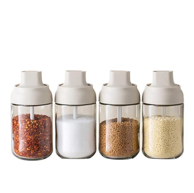 調味料入れ ガラス 一体型スプーン付き 調味料ポット 砂糖入れ スパイスボトル 密閉 調味料 保存容器 キッチン用品 調味料ボトル/4個 250ML