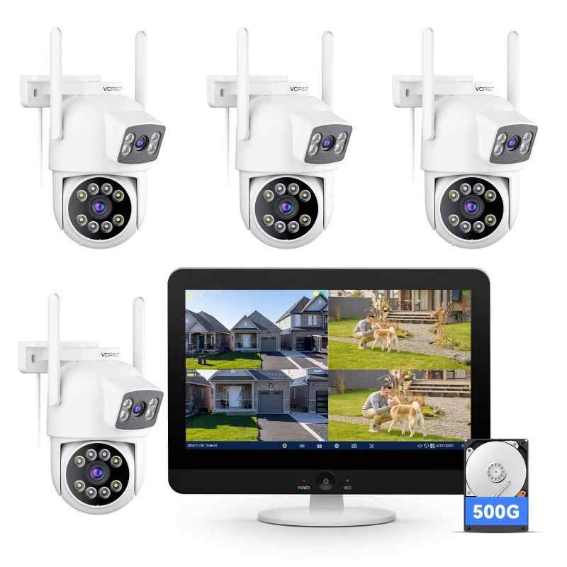 VORGUT 防犯カメラ 屋外 モニタ一付き 2台セット二重レンズ 双眼 監視カメラ 屋外 ソーラー 工事不要 電源不要