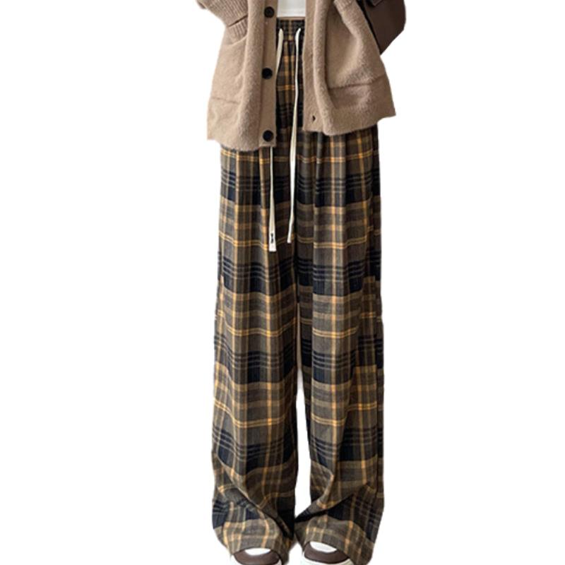 [Da&amp;s] ロングパンツ レディース チェックパンツ ゆったり ワイドパンツ チェック柄 カジュアル ハイウェスト ウェストゴム 大きいサイズ 春 秋 冬【生地:耐久性&amp;崩れにくい】パンツは薄手して耐久性に優れたポリエステ...