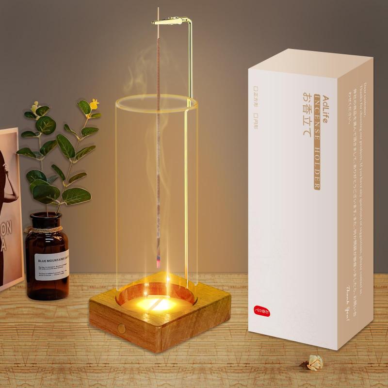 AdLife お香立て 灰がこぼれない 吊り下げ式 線香立て 香炉 ガラス 真鍮 木製台座 おしゃれ 可愛い インテリア 香道 仏壇 寝室 書斎 玄関 ヨガ 瞑想 贈り物にお香立て ガラス製、高さ調整可能、灰がこぼれない、長めの線香対応 お...