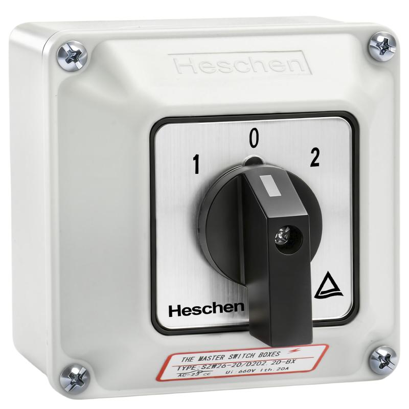Heschen ユニバーサルロータリーカムセレクタチェンジオーバースイッチ, SZW26-20/D202.2D, マスタースイッチ外装ボックスLW28-20/4付き, 660V 20A, ON-OFF-ON, 3ポジション2フェーズ8ターミ...