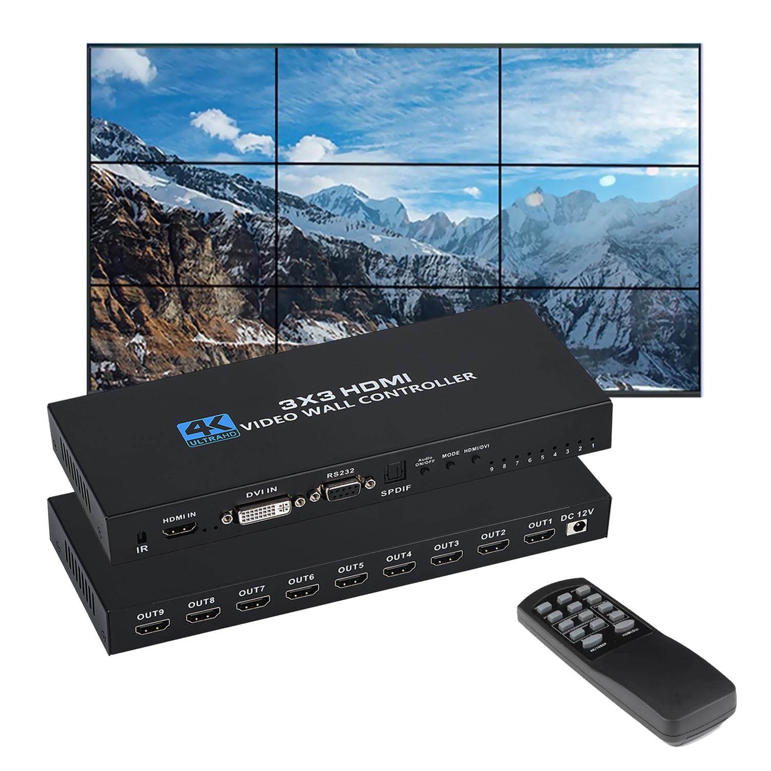 【3x3 HDMIビデオウォールコントローラー】4K HDMI 3X3 ビデオ ウォール コントローラーは、1 方向 HDMl または DVI 入力と 9 つの HDMl 出力をサポートしており、完全な HDMl、DVI HD 画像信号を ...