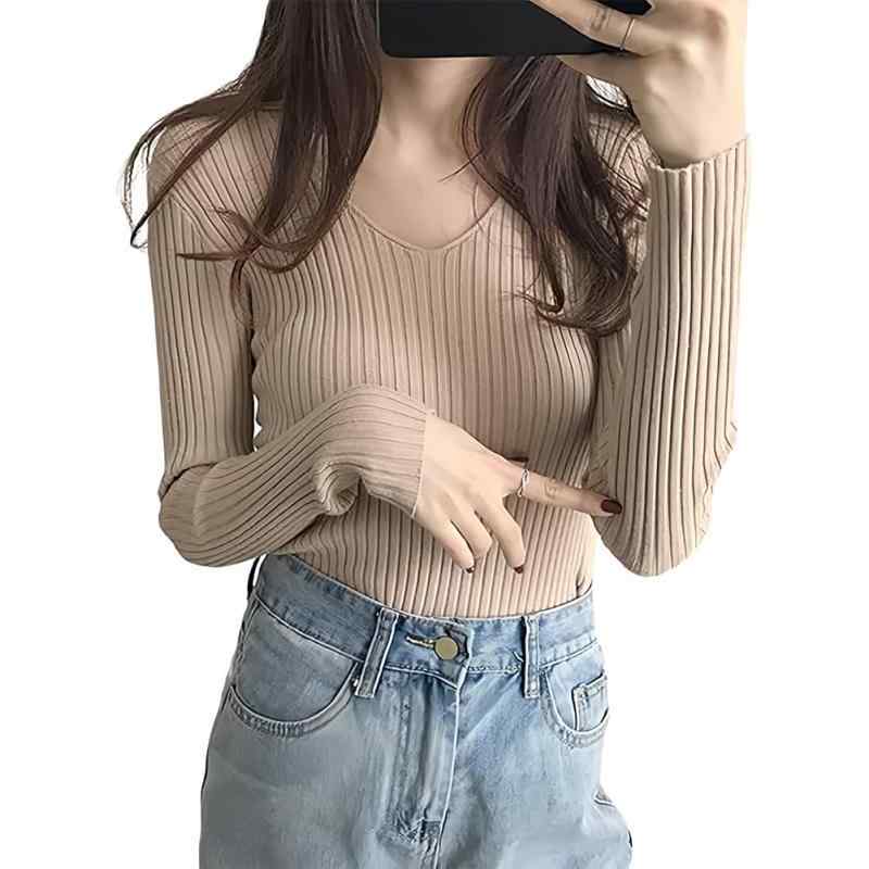 [Limspace] セーター レディース Vネック リブニット レディース Vネック セーター Vネック セーター ニット レディース セーター レディース 無地 カットソー カシュクール シャツ かわいい 高【浅Vネック】やや広めのVネ...