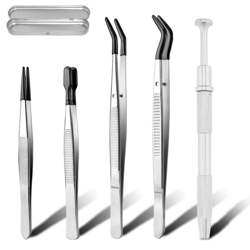 ZHUROUPU 5Pcs工芸用ゴム製先端ピンセット、ゴム製先端セット付きPVCコーティングピンセット、ジュエリークラフトのコインスタンプ爬虫類用4プロングピンセット付きストレートチップフラッ様々な形状： パッケージには5種類のピンセットチ...