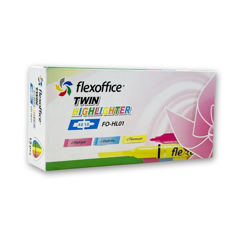 flexoffice 蛍光ペン/蛍光マーカー 12本セット 5色(黄・桃・青・緑・橙) ツインタイプ 1.0mm/4.0mm 内訳(イエロー3本・ピンク3本・ブルー・グリーン・オレンジ各2本)12本セットで、学校やオフィスでの使用に最適です...