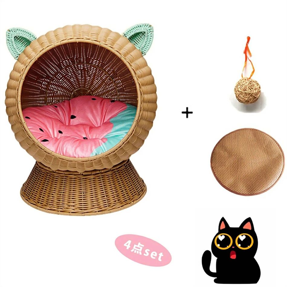 猫ベッドラタン夏用ペットベッド4点セットドーム型猫ハンモックペットベッド猫ちぐら風ペットマットハンギングチェア爪とぎ対応洗える丸洗い可能この夏、愛猫の快適さとスタイルを一新するための完璧な選択肢、猫ベッドラタン夏用ペットベッド4点セットです...