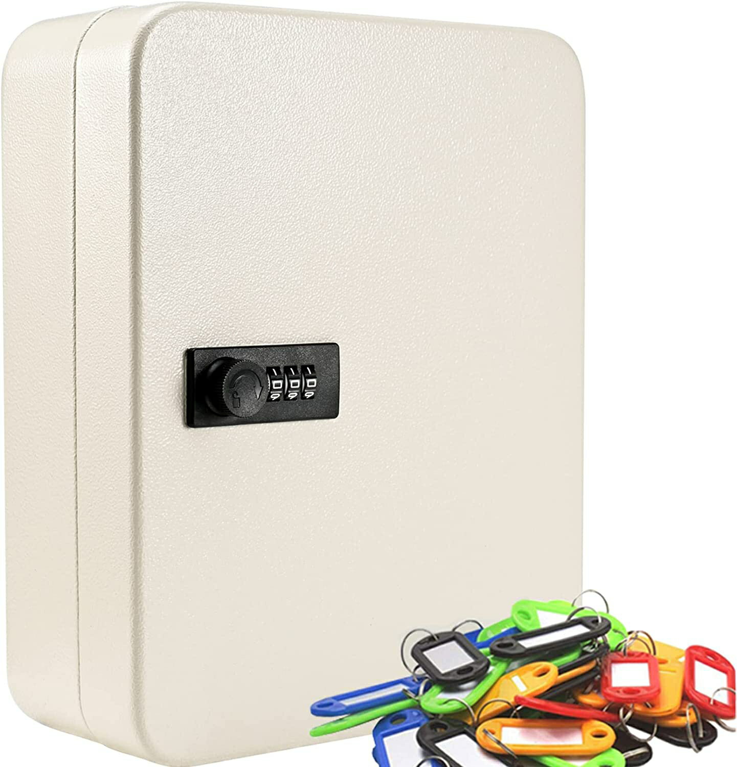 【ダイヤル式キーボックス】材質 スチール 　サイズ：25D x 20W x 8H cm　鍵収納数：28キー　重量：1.1kg、ゴム栓×2、ネジ×2、キーホルダー×28；職場や家庭で、鍵の保管・受け渡しをする際に役立つ、暗証番号で解錠するダイ...