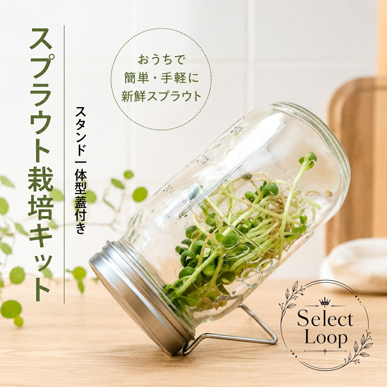 自宅で手軽にスプラウト栽培を始められる、スタンド一体型蓋付きの栽培キットです。商品特徴：透明ガラス瓶で発芽の様子が見やすく、スタンド一体型のステンレスメッシュ蓋で水切りがしやすい仕様です。適用場面：ブロッコリースプラウト、アルファルファなど...