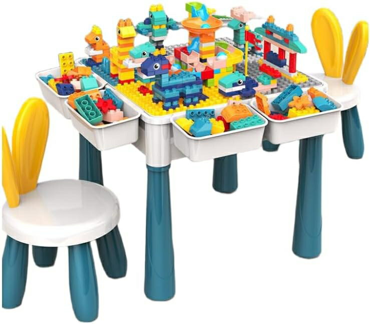 多目的な子供用テーブル＆椅子セット - ブロックプレイ、知育、デスク、椅子、塗り絵、水遊び、お絵描き、収納などに最適 キッズテーブル＆チェアーセット - お子様向けのブロックテーブル＆椅子セット、レゴブロック用収納付き 子ども用テーブル＆椅...