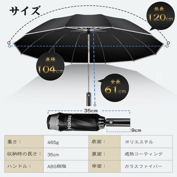 【商品仕様 】 開く直径：110cm 重量：約420g 骨の数：12本 中棒：アルミニウム合金製 収納時の長さ：約32cm 親骨：ガラスファイバー ハンドル：高品質ABS樹脂 素材表面：ポリエステル お届けまでに1週間程度かかる場合がありま...