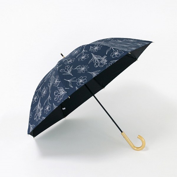 細いペンシルスケッチ風のチューリップが描かれた、総柄プリントの晴雨兼用傘。 定番のネイビー＆オフホワイトに加えて、差し色で優しいラベンダー色をご用意しました。 ネームバンドにはカラフルなグランリボンテープを合わせ、ボタンもお花モチーフの型押...