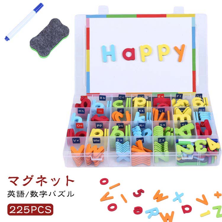 マグネット 英語/数字パズル225PCS【柔らかくて安全な磁気付き文字・数字・図形セット】このマグネットセットは、柔らかく丸みを帯びたフォーム素材で作られており、お子さまの安全にも配慮しています。裏面には強力なマグネットが付いており、ボード...