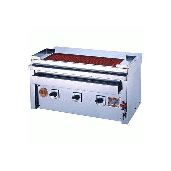 焼面寸法(幅×奥行mm)：600×200 電気容量(kW)：10.2 電源：三層200V　50/60Hz (2m リード線付) 定格電流(A):30 加熱方式：3面独立電熱式 熱量調節：各面3段階切替(850℃・600℃・450℃) 給排水...