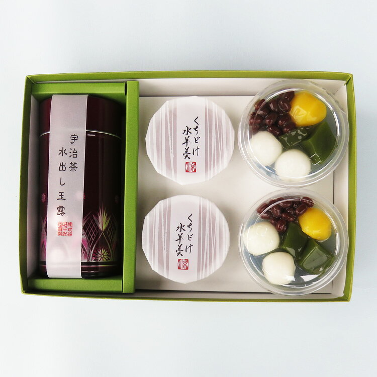 --- --- 商品名 老舗茶舗のひやひやセット 内容量 水出し玉露　1缶(80g) 宇治抹茶ゼリー　2個 くちどけ水羊羹　2個 賞味期限 水出し玉露　12ヶ月 宇治抹茶ゼリー　4日（出荷日含む） くちどけ水羊羹　1ヶ月 商品サイズ ---...