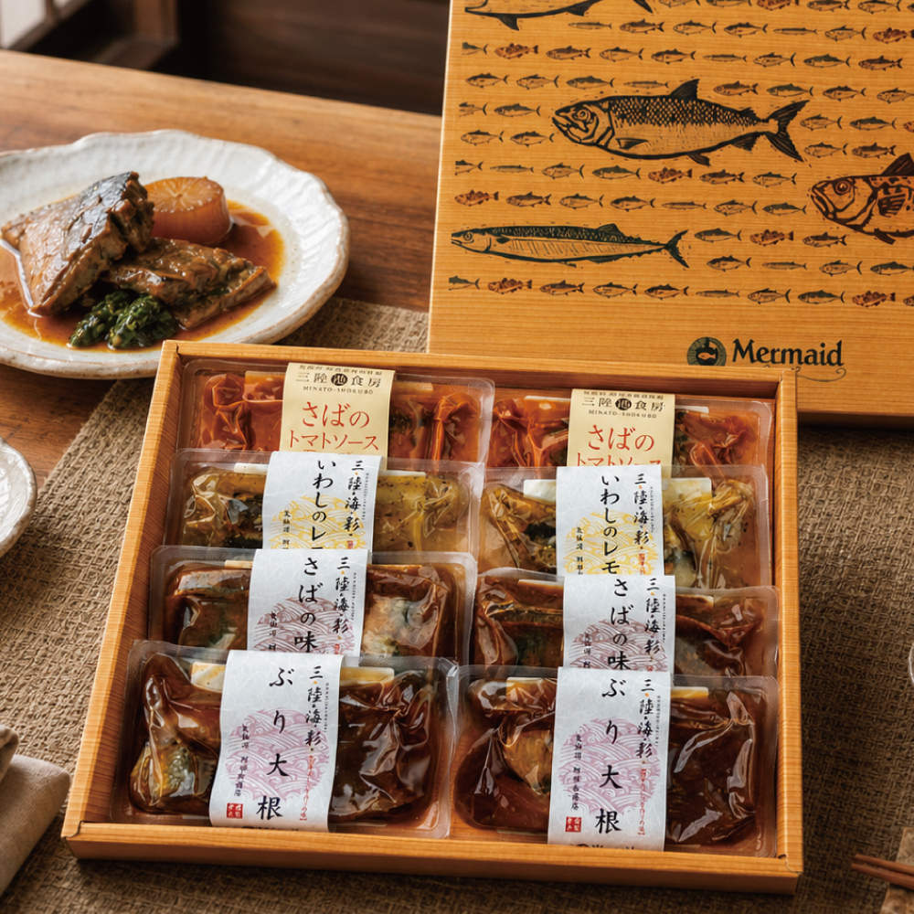 商品内容 ■箱サイズ：約34X27X4cm ■商品内容：さばのトマトソース80g、いわしのレモン煮120g、ぶり大根150g、さばの味噌煮130g×各2 ■賞味期限：製造後常温365日 ■アレルゲン：小麦・卵・乳成分 ■お召し上げり方：その...