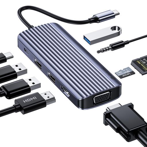 「9-in-1USB-Cハブ」QUUGE9-in-1USB-Cハブは、HDMIポート(4K@30Hz)+VGAポート(1080P@60Hz)+PD3.0充電ポート(100W急速充電)+AUX3.5MM+SD&amp;TFカードスロット+US...