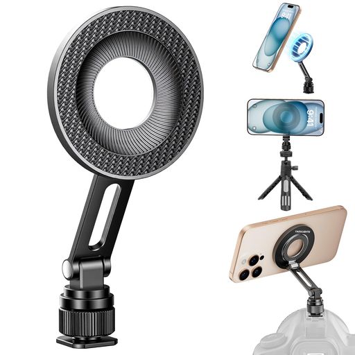 【ワンタッチ着脱&amp;360°自由自在な角度調整】磁気式 カメラ/スマホ 三脚マウント、360°回転可能なベースを採用し、コールドシューインターフェースを搭載。カメラや三脚との安定した接続が可能です。スマートフォンをクランプやネジで固定...