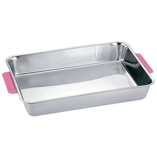 [商品名]　18-8 カラーハンドル角バット 12枚取 ピンク[素材]　18-8ステンレス[寸法]　間口(ハンドル含む):325(370) x 奥行:260 x H53mm[産地]日本食材別の色分け管理ができます。特殊焼付塗装により食器洗浄...