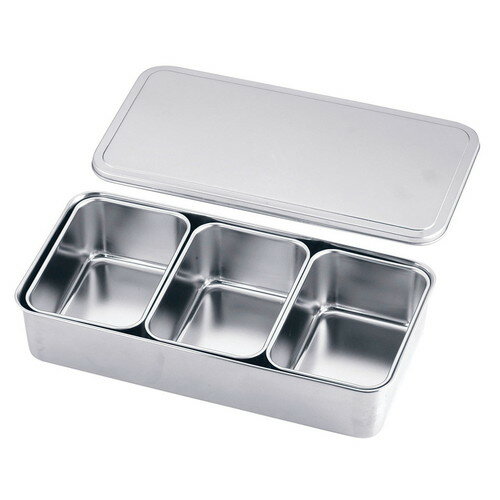 [商品名]　18-8プレス 中型ヤクミ入 3ヶ入 [素材]　18-8ステンレス[寸法]　幅:343 x 奥行:175 x H70mm [産地]日本食に携わるプロの皆様、実際に使う立場の方々からの声を多く取り入れた、末永くお使い頂ける優れた製...