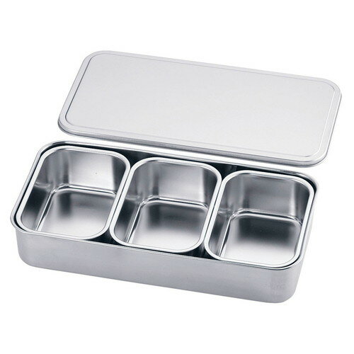 [商品名]　18-8プレス 大型ヤクミ入 3ヶ入 [素材]　18-8ステンレス[寸法]　幅:385 x 奥行:200 x H72mm [産地]日本食に携わるプロの皆様、実際に使う立場の方々からの声を多く取り入れた、末永くお使い頂ける優れた製...