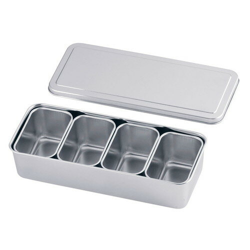 [商品名]　18-8プレス 00号用ヤクミ入 4ヶ入長[素材]　18-8ステンレス[寸法]　幅:277 x 奥行:118 x H60mm [産地]日本食に携わるプロの皆様、実際に使う立場の方々からの声を多く取り入れた、末永くお使い頂ける優れ...