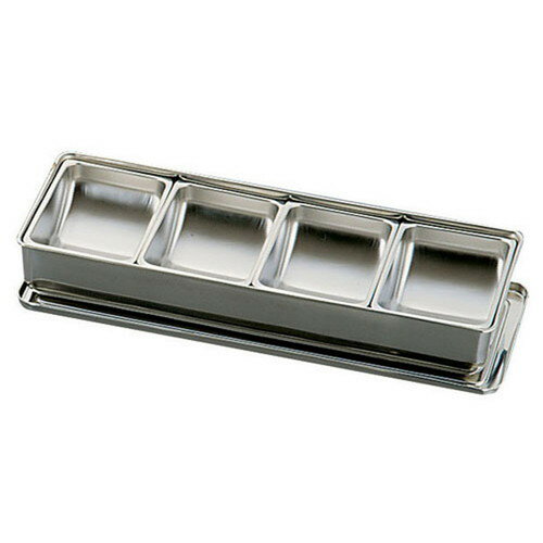 [商品名]　18-8船型ヤクミ入 4ヶ入長 [素材]　18-8ステンレス[寸法]　幅:418 x 奥行:157 x H60mm 食に携わるプロの皆様、実際に使う立場の方々からの声を多く取り入れた、末永くお使い頂ける優れた製品をお届けいたしま...