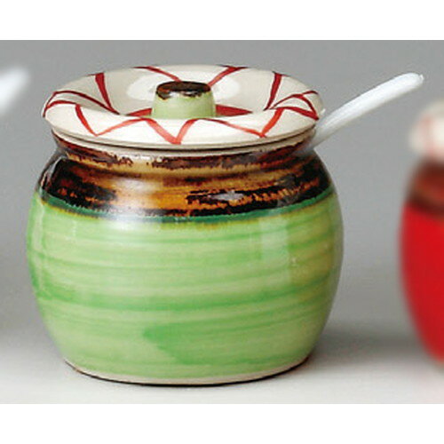 [商品名]　花紋サジ付1合ツボ（緑）[素材]　陶磁器[寸法]　[ 82 x 75mm・160cc ] お店からご自宅まで、季節を問わず、様々なシーンでご利用いただける商品です。[ 82 x 75mm・160cc ]メーカーからの取り寄せ商品...