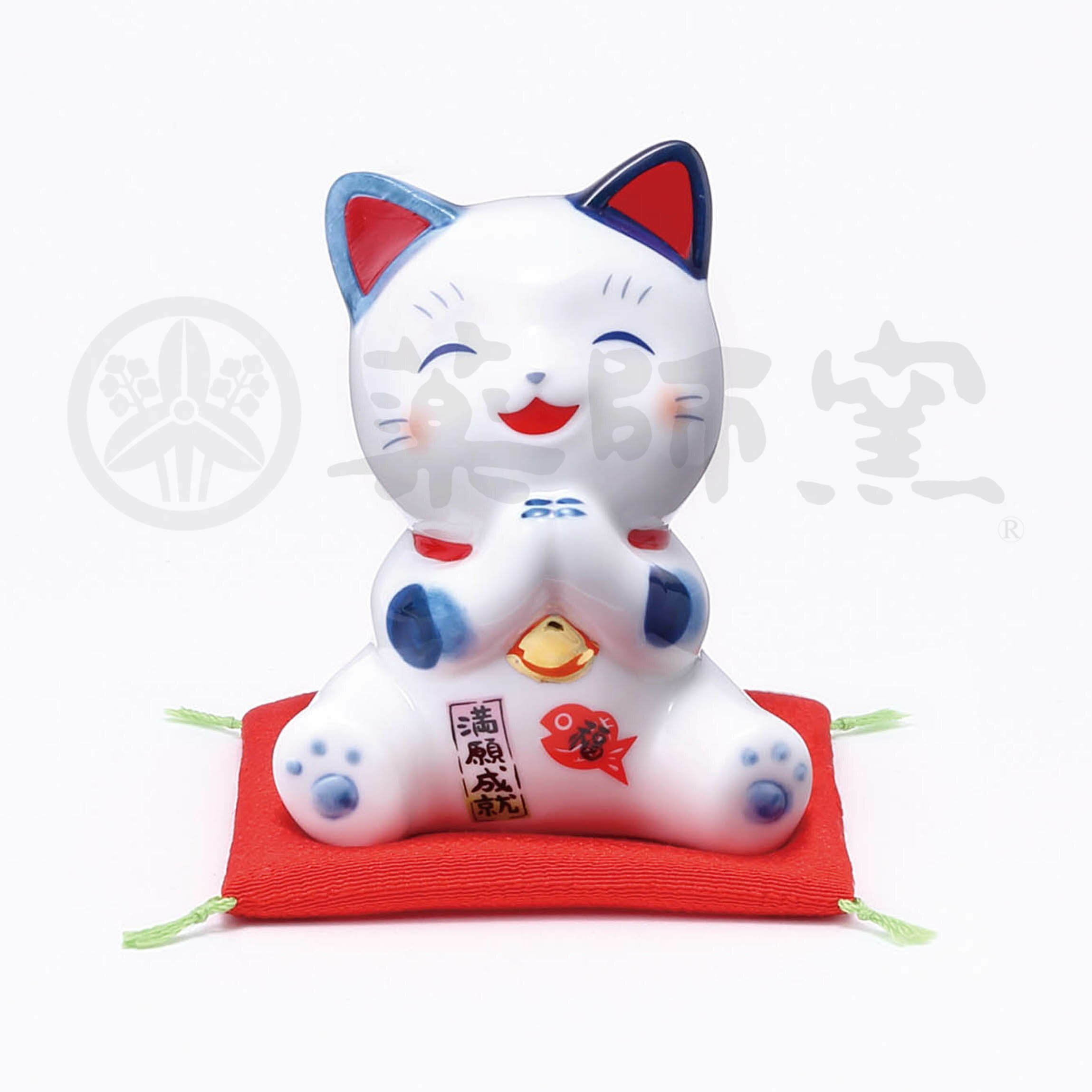 高さ8.5cmせともの製「まねき猫」 たくさんのお願いが叶いますようにと願いをこめて、運を開き福を招く縁起のよい招き猫ちゃんをお届けいたします♪ 一般に、右手を挙げているものはお金（幸運）を、左手を挙げているものはお客さんを呼ぶといわれてい...