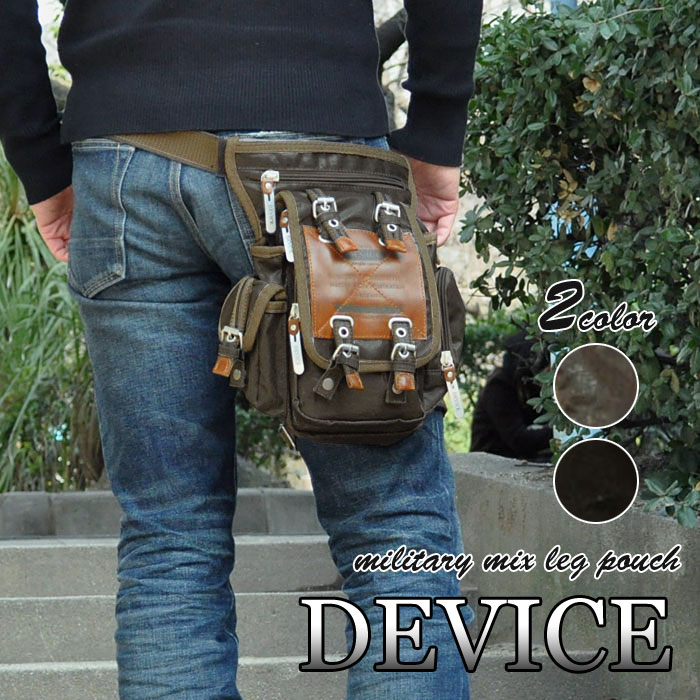 ■ 「DEVICE」の、腰と太ももに装着する手ぶらで便利なミリタリー系レッグポーチです。 ■ ツイルコーティング素材のカーキボディと、ヴィンテージ本革型押しプレートが特徴的なこだわりの個性派バッグ！ ■ ツーリング(バイカー)やフィッシング...