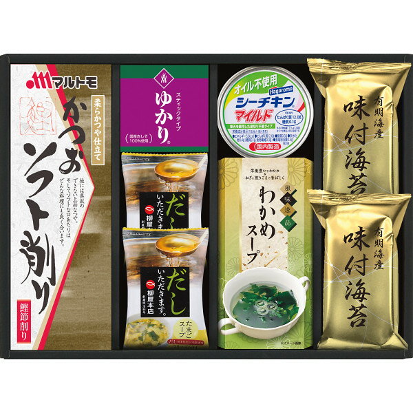 有明海産の風味豊かな海苔とノンオイルツナで健康的な食卓を。●有明海産味付海苔（8切4枚）・フリーズドライたまごスープ5.4g×各2、マルトモかつおソフト削り（2g×4）・三島食品スティックタイプゆかり（1.7g×4）・はごろもフーズオイル不...