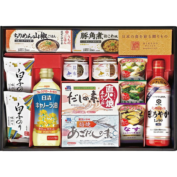 ごはんのお供やおかずとして大活躍の人気アイテムを揃えたもらって嬉しいギフトです。●キッコーマンいつでも新鮮九州うまくちまろやかしょうゆ450ml、キッコーマン混ぜごはんの素豚角煮おこわ風（33g×2）、キッコーマン混ぜごはんの素ちりめん山椒...