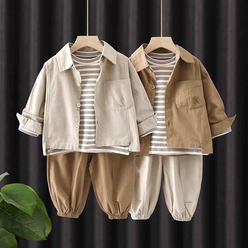 ・対象: ボーイズ・スタイル: 韓国・セット内容: トップス、パンツ・袖丈: 長袖・パンツ丈: 長ズボン・生地加工: 柔らか обработка・厚さ: 普通・柄: ストライプ、無地・素材: 綿80%・安全レベル: B・留め具: シングルブ...