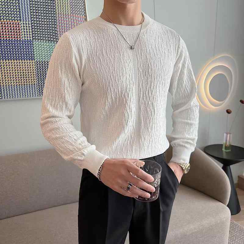 ・カテゴリ: ニット・スタイル: プルオーバー・フィット: スリム・ネックライン: ラウンドネック・袖丈: 長袖・厚さ: 普通・デザイン: ジャカード・対象年齢: 成人・対象: 男性・素材: 化学繊維混紡、粘性繊維69.5%・シーン: カジ...