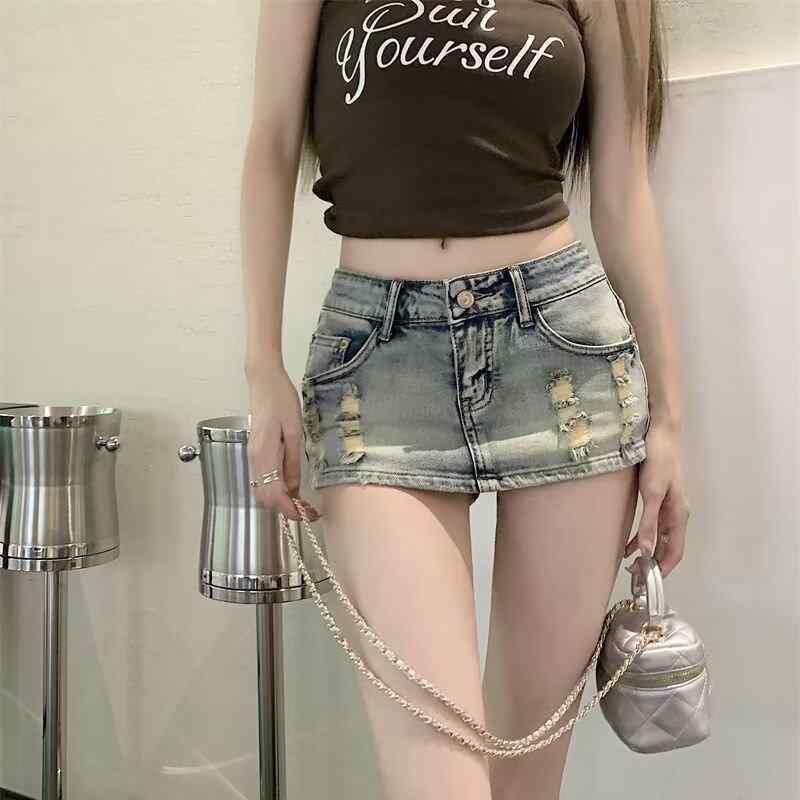 ・工艺: 免烫处理・面料名称: 牛仔布・主面料成分: 氨纶・主面料成分2: 涤纶（聚酯纤维）・裙型: 包臀裙・裙长: 超短裙・流行元素: 做旧・颜色: 藍色・尺码: S,M,L,XL,2XL・风格类型: 私服名媛・主面料成分含量: 70%（...