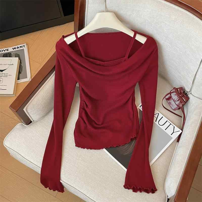 ・素材: 涤纶（聚酯纤维）・袖型: 公主袖・ネックライン: 一字领・袖丈: 長袖・カラー: 红色, 天藍色, 奶杏色・サイズ: S, M, L・スタイル: 气质通勤, 御姐风, 性感辣妹・製品カテゴリ: 毛衣・主素材成分含量: 30%-50...