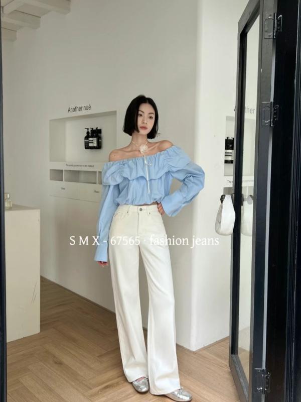 ・素材: 綿・素材（%）: 80-90、スパンデックス30以下・スタイル: ストレート、カジュアル・パンツ丈: フルレングス・ウエスト: ハイウエスト・厚さ: 普通・特徴: 無地、ウォッシュ加工、ボタン・カラー: ホワイト・サイズ: 25,...