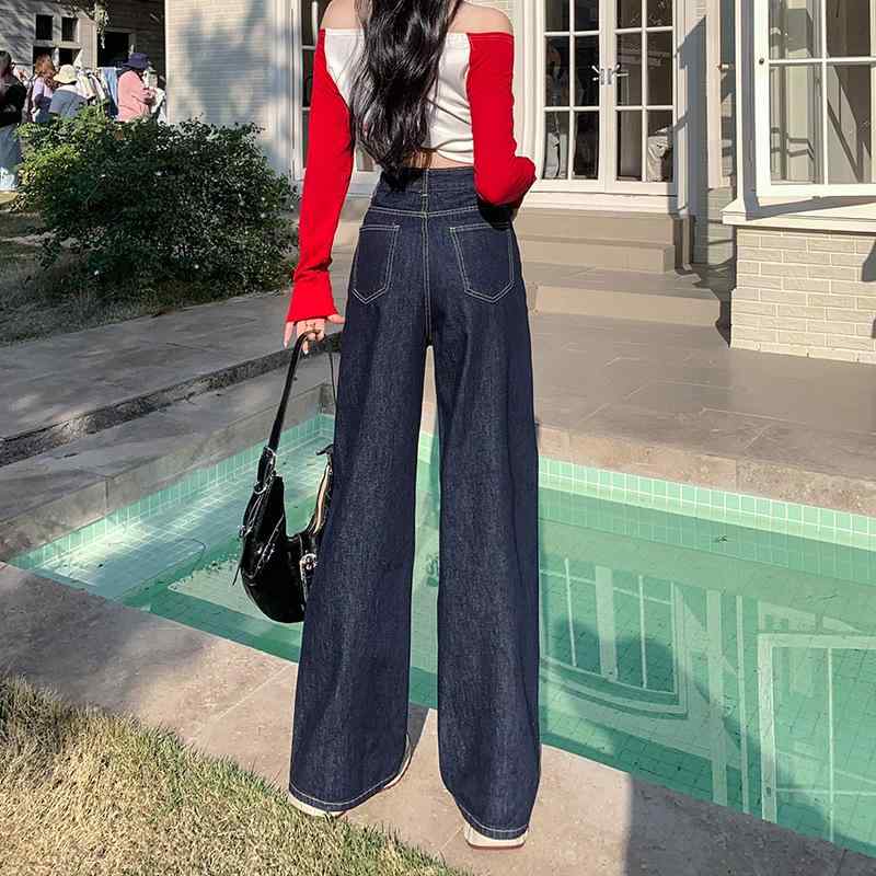 ・素材: 綿80-90%・スタイル: カジュアル、日韓・パンツ丈: 長ズボン・ウエスト: ハイウエスト・厚さ: 普通・流行の要素: ボタン、ファスナー、ポケット、無地・カラー: ダークブルー（九分丈）、ダークブルー（長ズボン）、ダークブルー...