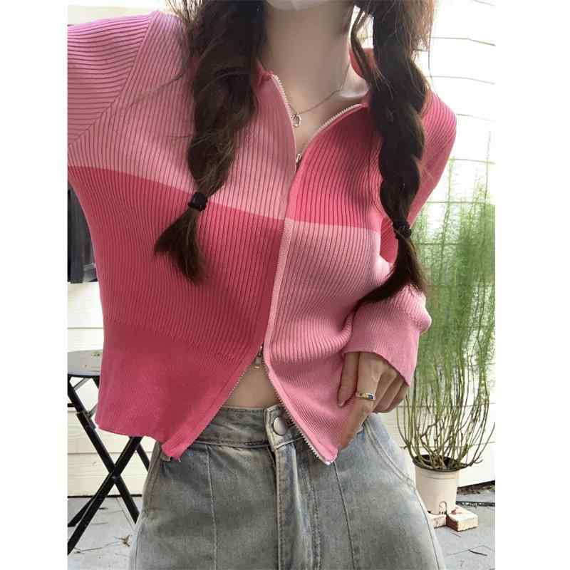 ・素材: 粘胶纤维・柄: 拼色・厚さ: 中程度・スタイル: カーディガン・シルエット: スリム・袖丈: 長袖・ネックライン: ポロネック・要素: ファスナー・カラー: ピンク, ブルー, イエロー, パープル, アプリコット・サイズ: フリ...