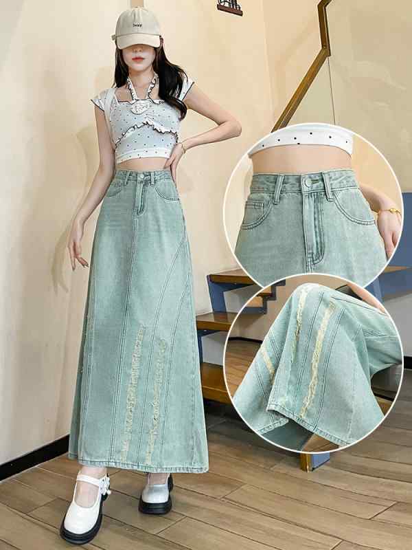 ・柄: 無地・生地: 綿・主な素材: 綿・スカート型: Aライン・スカート丈: ミモレ丈・色: ブルー・サイズ: XS, S, M, L, XL, 2XL・スタイル: 通勤・スカート種類: スカート・伸縮性: なし・主な素材の含有量: 80...