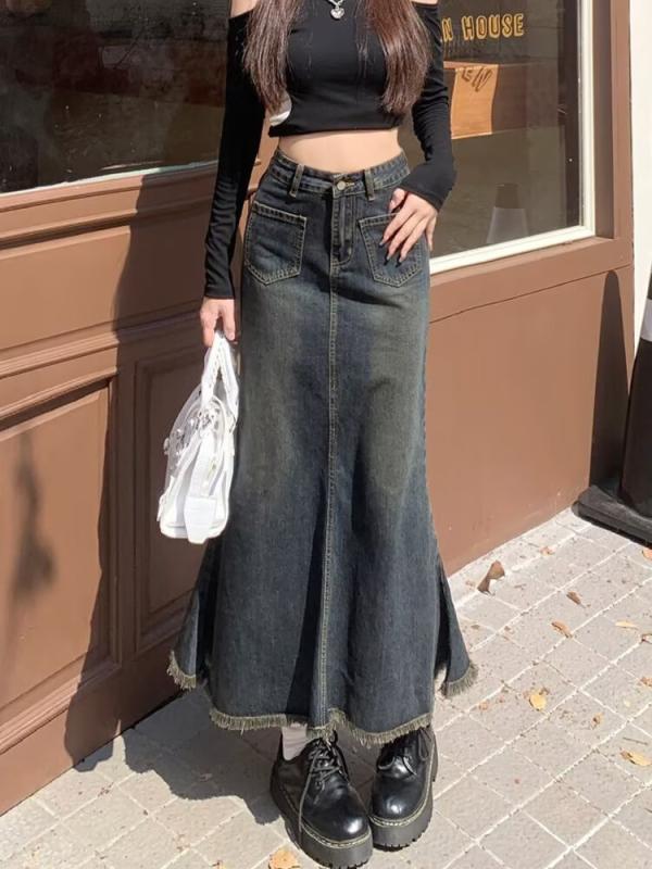 ・柄: 無地・スカート丈: ミモレ丈・素材: デニム・素材: 綿50-70%・色: ブルー・サイズ: XS、S、M、L、XL、XXL・スタイル: 韓国風、カジュアル・スカートの種類: マーメイドスカート・特徴: ポケット・生地: ノンアイロン