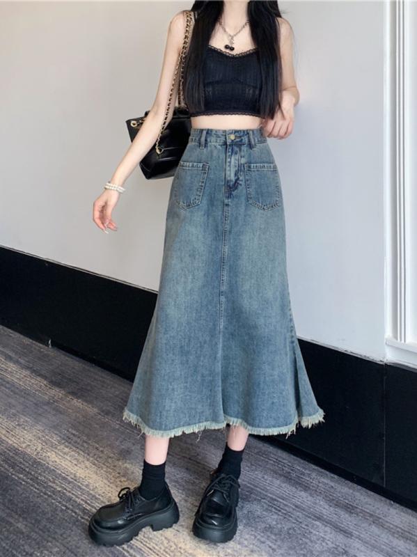 ・柄: その他・加工方法: 拼贴/拼接・素材: 綿・スカートタイプ: 魚尾裙・スカート丈: ミモレ丈・デザイン: 毛边・カラー: 复古藍・サイズ: XS, S, M, L, XL, 2XL・スタイル: 日韓カジュアル・主素材含有量: 50〜...